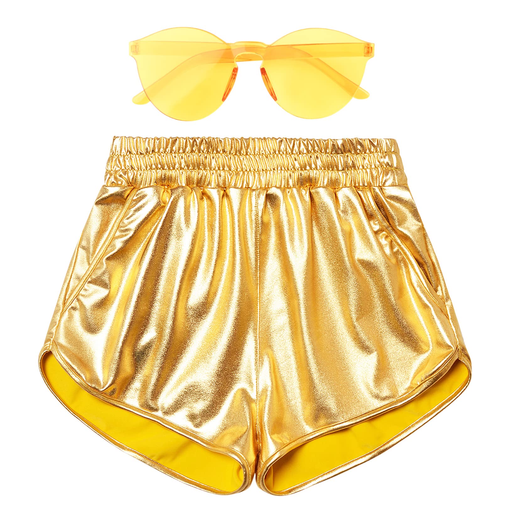 Mirawise Women's Metallic Shorts Gold Summer Yoga Hot Shiny Sparkly Extra Small Outfit Short Pants with Sunglasses