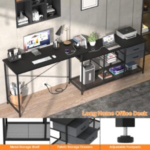 Homieasy Reversible L Shaped Desk with Power Outlet, Corner Computer Desk with Drawers and Storage Shelves, L-Shaped Long Home Office Desk Study Writing Desk Gaming Desk, Black