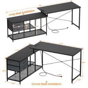 Homieasy Reversible L Shaped Desk with Power Outlet, Corner Computer Desk with Drawers and Storage Shelves, L-Shaped Long Home Office Desk Study Writing Desk Gaming Desk, Black