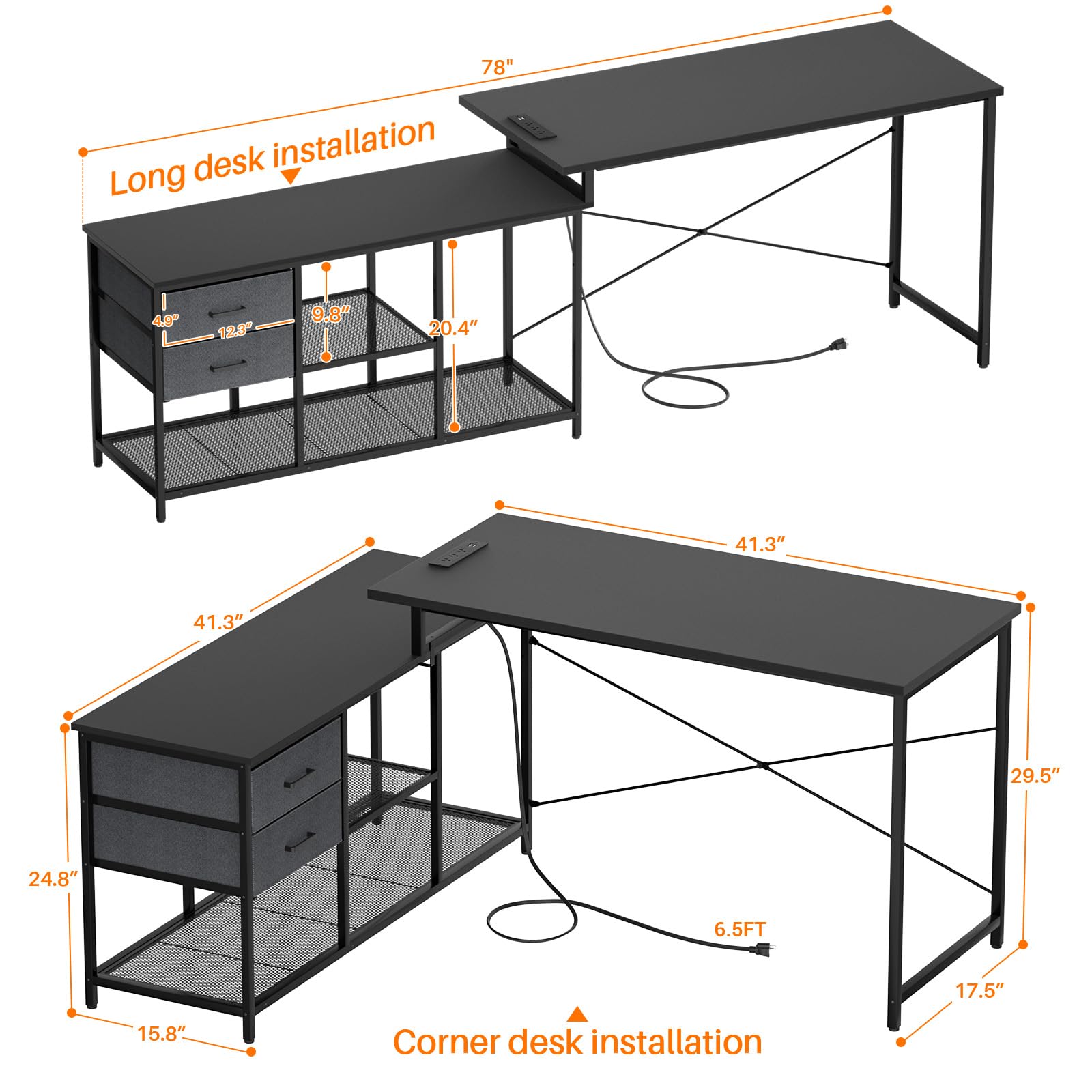 Homieasy Reversible L Shaped Desk with Power Outlet, Corner Computer Desk with Drawers and Storage Shelves, L-Shaped Long Home Office Desk Study Writing Desk Gaming Desk, Black