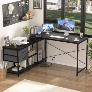 Homieasy Reversible L Shaped Desk with Power Outlet, Corner Computer Desk with Drawers and Storage Shelves, L-Shaped Long Home Office Desk Study Writing Desk Gaming Desk, Black