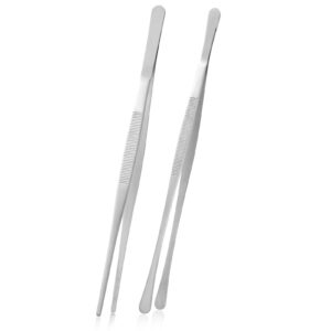 halo forge 2 pcs kitchen fine tweezers tongs - 12 inch stainless steel food tweezers set, professional extra-long chef cooking tweezers for bbq bar meat (silver)