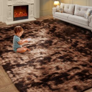 8x10 feet shag area rugs, large shag fluffy bedroom carpet, soft rugs for nursery, furry rugs for girls boys kids room, extra large fuzzy rug, shag carpet, brown tie-dye