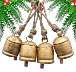 4 inch giant harmony cow bells huge vintage handmade rustic lucky christmas hanging jingle bells (country rustic, large) set of 4 handmade bells with jute rope