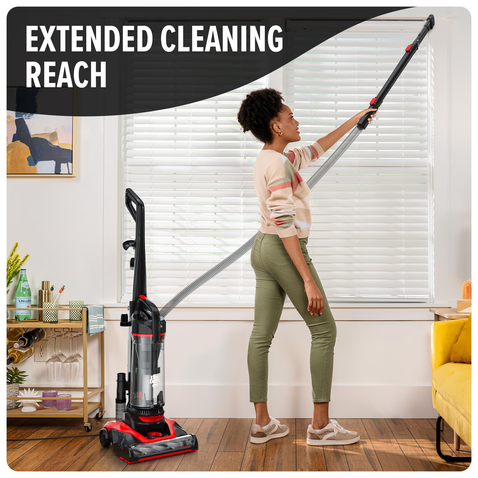 Dirt Devil Multi-Surface Extended Reach+ Bagless Upright Vacuum Cleaner Machine, for Carpet and Hard Floor, Height Adjustment, Powerful Suction with Versatile Tools, Lightweight, UD76300V, Red