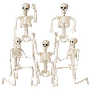 halloween skeletons decorations, 16" posable plastic skeleton 5 packs, full body skeleton bulk with movable joints, realistic spooky scary skeletons for outdoor indoor halloween party haunted house