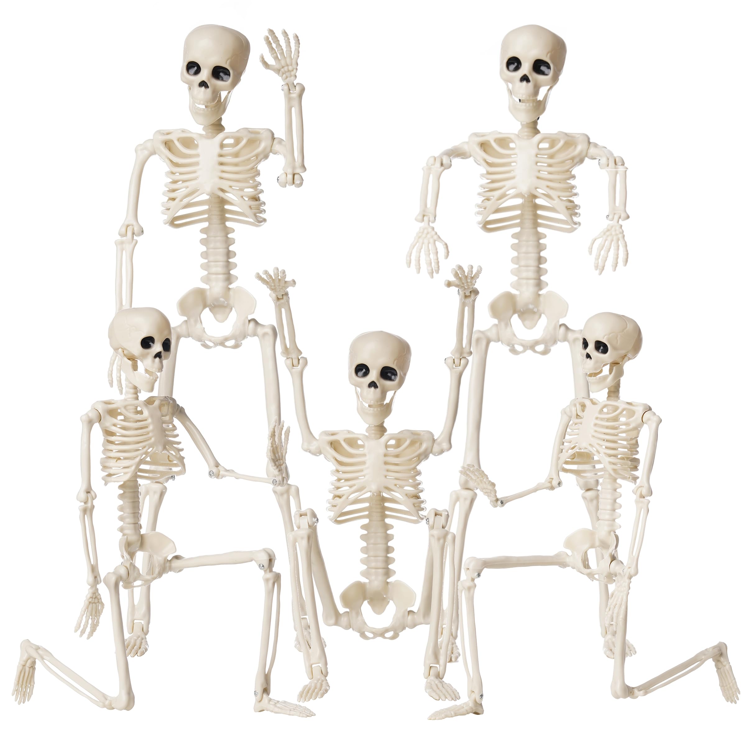 Halloween Skeletons Decorations, 16" Posable Plastic Skeleton 5 Packs, Full Body Skeleton Bulk with Movable Joints, Realistic Spooky Scary Skeletons for Outdoor Indoor Halloween Party Haunted House