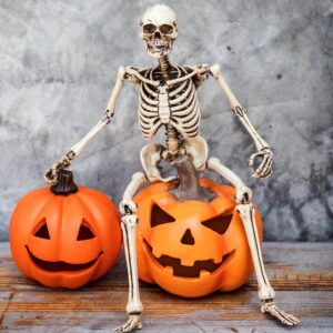 Halloween Skeletons Decorations, 16" Posable Plastic Skeleton 5 Packs, Full Body Skeleton Bulk with Movable Joints, Realistic Spooky Scary Skeletons for Outdoor Indoor Halloween Party Haunted House