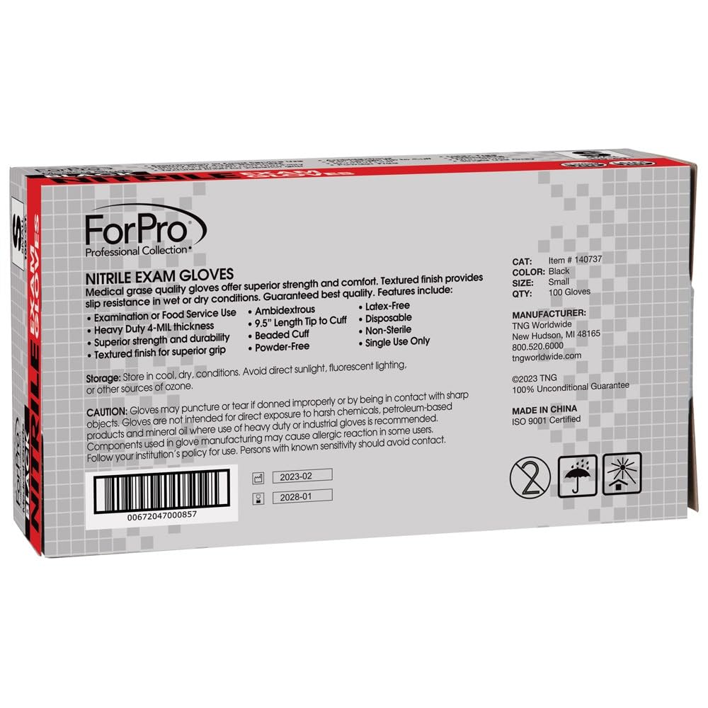 ForPro Disposable Nitrile Exam Gloves, Medical Grade, 4 Mil Extra Protection, Powder-Free, Latex-Free, Non-Sterile, Food Safe, Black, Small, 100-Count