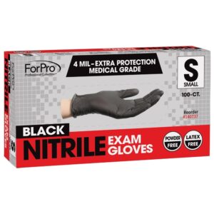 ForPro Disposable Nitrile Exam Gloves, Medical Grade, 4 Mil Extra Protection, Powder-Free, Latex-Free, Non-Sterile, Food Safe, Black, Small, 100-Count