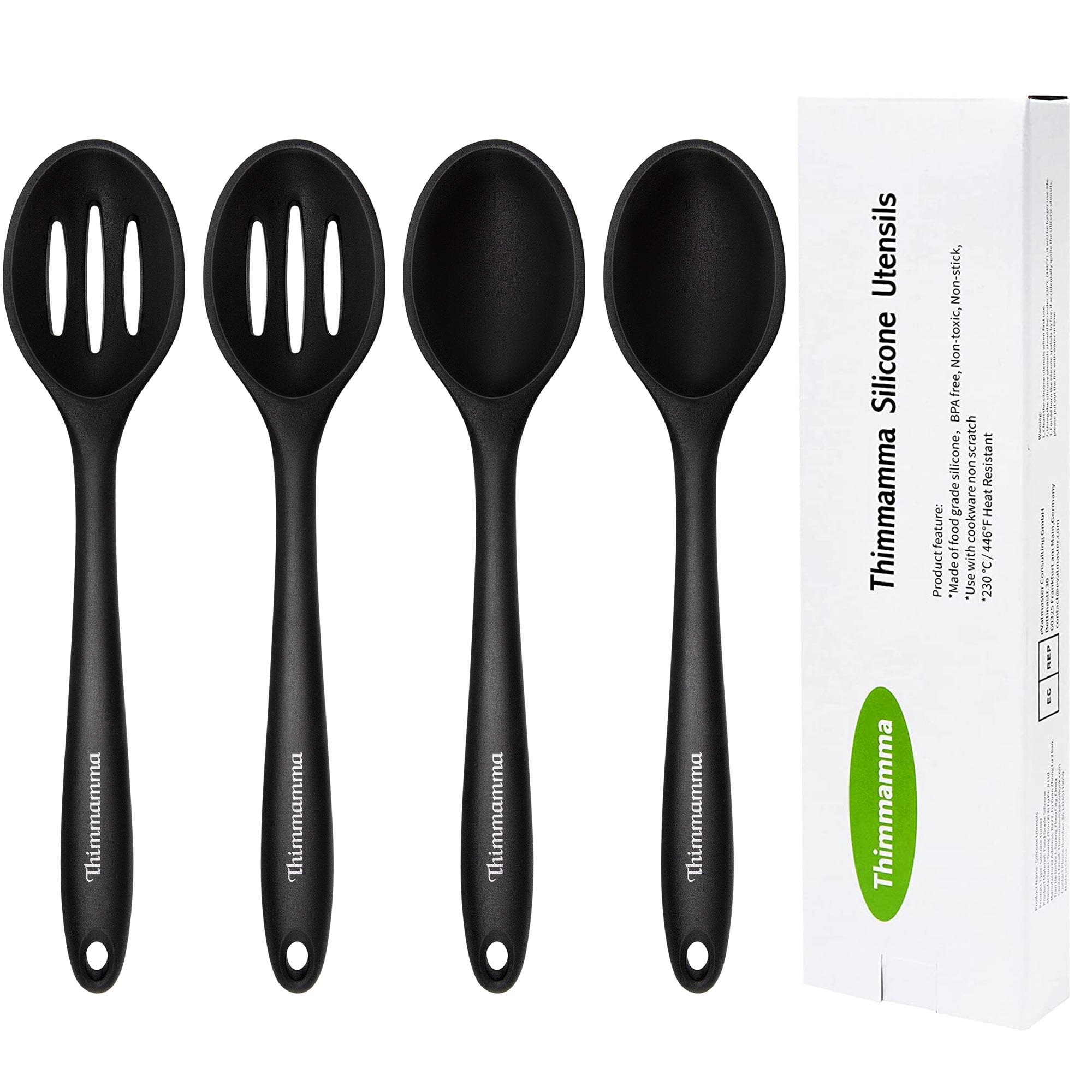 Silicone Cooking Spoon, Nonstick Kitchen Spoons for Cooking, Slotted and Solid Serving Spoon Heat Resistant, Silicone Mixing Spoons Basting Spoon Stirring Spoon for Nonstick Cookware 4 Pack