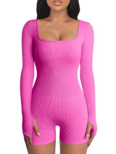 oqq women’s yoga rompers workout ribbed long sleeve square neck sport jumpsuits rompers rose