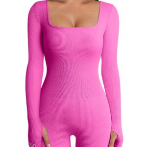 OQQ Women’s Yoga Rompers Workout Ribbed Long Sleeve Square Neck Sport Jumpsuits Rompers Rose