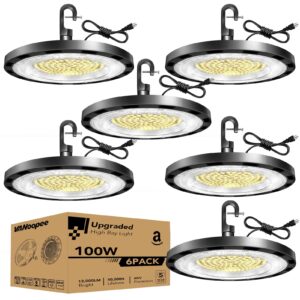 vanoopee 6 pack 100w high bay led shop lights 5000k ufo led high bay light commercial bay lighting fixtures for warehouse workshop barn garage gym - 5' cable with plug, 13000lm(400w mh/hps eqv.)