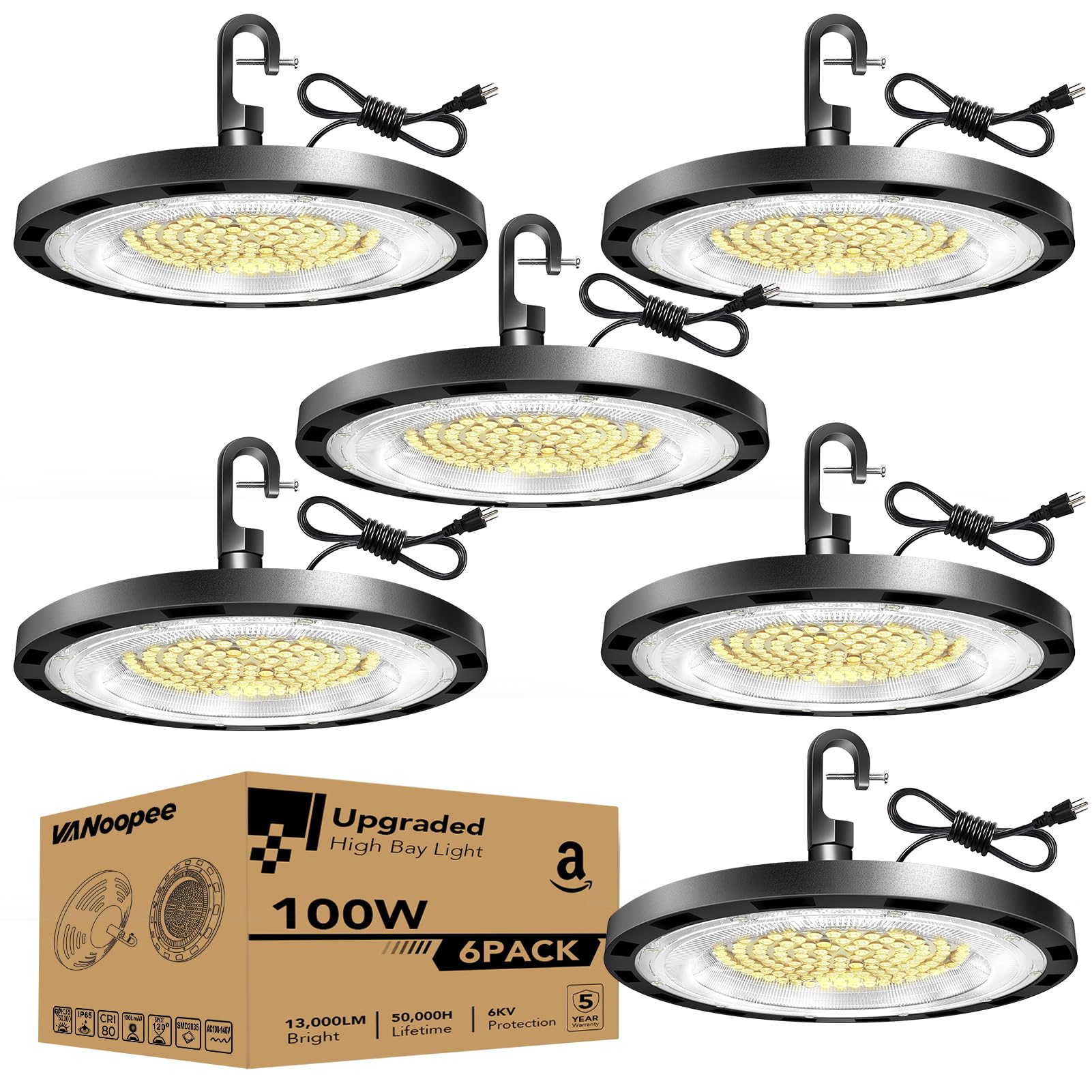 VANoopee 6 Pack 100W High Bay LED Shop Lights 5000K UFO LED High Bay Light Commercial Bay Lighting fixtures for Warehouse Workshop Barn Garage Gym - 5' Cable with Plug, 13000lm(400W MH/HPS Eqv.)