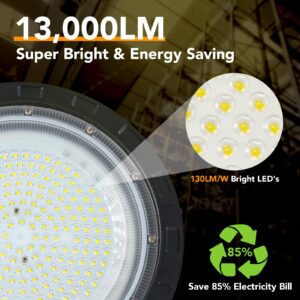 VANoopee 6 Pack 100W High Bay LED Shop Lights 5000K UFO LED High Bay Light Commercial Bay Lighting fixtures for Warehouse Workshop Barn Garage Gym - 5' Cable with Plug, 13000lm(400W MH/HPS Eqv.)