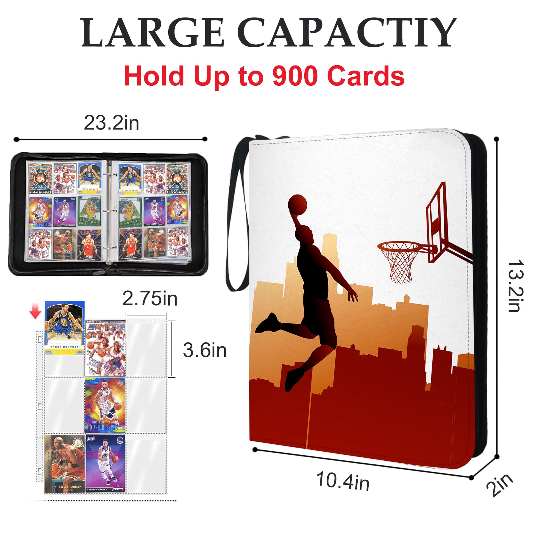 Basketball Trading Card Binder,9 Pocket with 50 Sleeves up to 900 Cards Sport Cards,Portable Waterproof Card Storage Bag with Sleeves for Game Cards Collection,Binder for Basketball Card Display