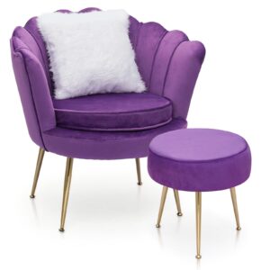 monibloom purple accent chair with ottoman, living room upholstered modern velvet chair, bedroom leisure single sofa chair armchair comfy chair reading club coffee chair with pillow and soft cushion