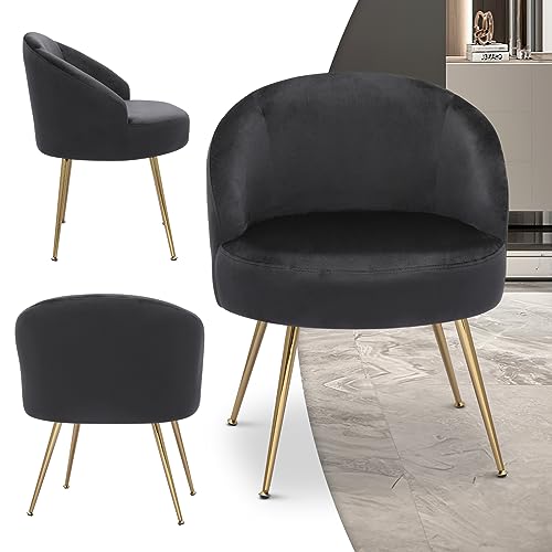 MoNiBloom Upholstered Velvet Accent Chair Girl's Black Vanity Chair, Mid-Century Modern Barrel Chair w/Golden Metal Legs, Retro Leisure Reading Comfy Lounge Chair for Living Room Bedroom