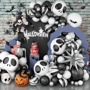 halloween balloon arch kit, black white halloween decorations balloons garland kit with silver explosion star skull cone foil balloons 3d bat sticker for halloween party haunted house birthday decor