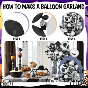 Halloween Balloon Arch Kit, Black White Halloween Decorations Balloons Garland Kit with Silver Explosion Star Skull Cone Foil Balloons 3D Bat Sticker for Halloween Party Haunted House Birthday Decor