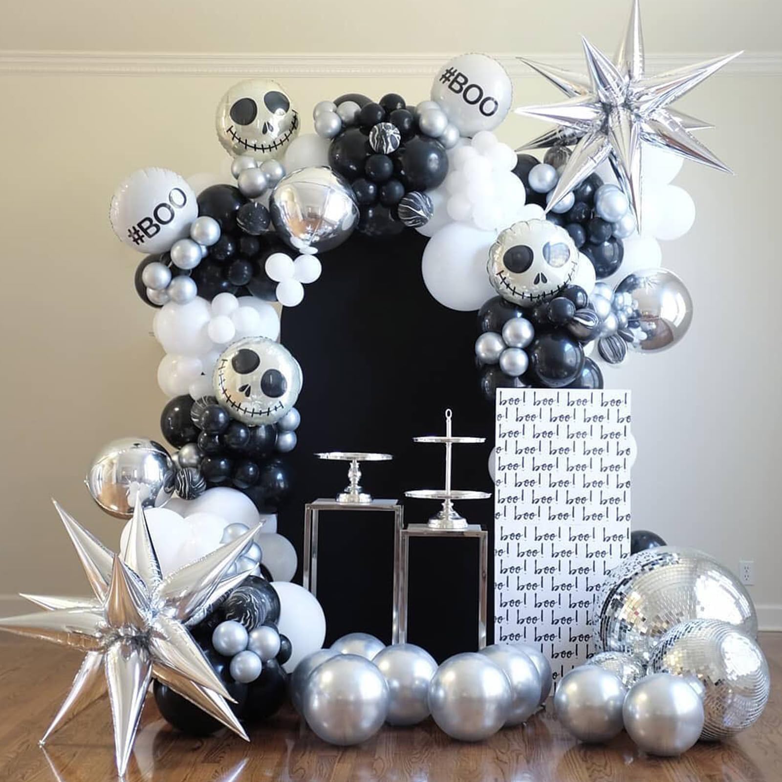 Halloween Balloon Arch Kit, Black White Halloween Decorations Balloons Garland Kit with Silver Explosion Star Skull Cone Foil Balloons 3D Bat Sticker for Halloween Party Haunted House Birthday Decor