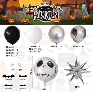 Halloween Balloon Arch Kit, Black White Halloween Decorations Balloons Garland Kit with Silver Explosion Star Skull Cone Foil Balloons 3D Bat Sticker for Halloween Party Haunted House Birthday Decor