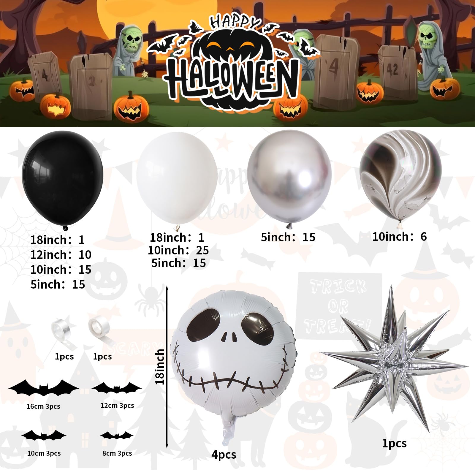 Halloween Balloon Arch Kit, Black White Halloween Decorations Balloons Garland Kit with Silver Explosion Star Skull Cone Foil Balloons 3D Bat Sticker for Halloween Party Haunted House Birthday Decor