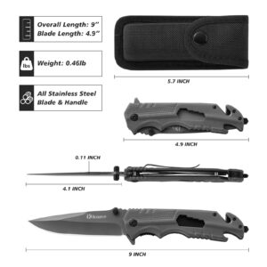 IKORES Pocket Knife for Men, 4 inch Multitool Folding Knife with Nylon Sheath and Pocket Clip, Bottle Opener, Glass Breaker, Seatbelt Cutter and Wrench, Grey