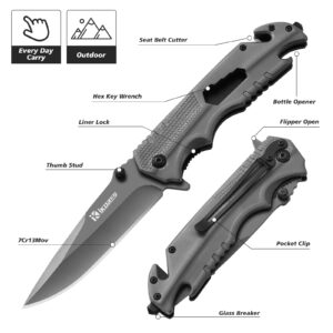 IKORES Pocket Knife for Men, 4 inch Multitool Folding Knife with Nylon Sheath and Pocket Clip, Bottle Opener, Glass Breaker, Seatbelt Cutter and Wrench, Grey