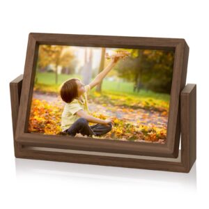 mixoo 4x6 picture frame rotating photo frame, wooden picture frame 4 by 6 horizontal double-sided frame rustic floating frame for tabletop