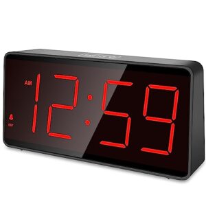 peakeep battery operated digital clock, alarm clock for bedrooms - cordless large big numbers 4 dimmers for seniors, adjustable volume loud alarm clock for heavy sleepers adults (red digits)