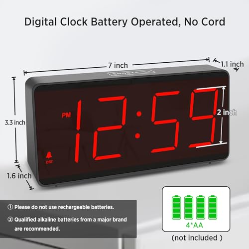 Peakeep Battery Operated Digital Clock, Alarm Clock for Bedrooms - Cordless Large Big Numbers 4 Dimmers for Seniors, Adjustable Volume Loud Alarm Clock for Heavy Sleepers Adults (Red Digits)