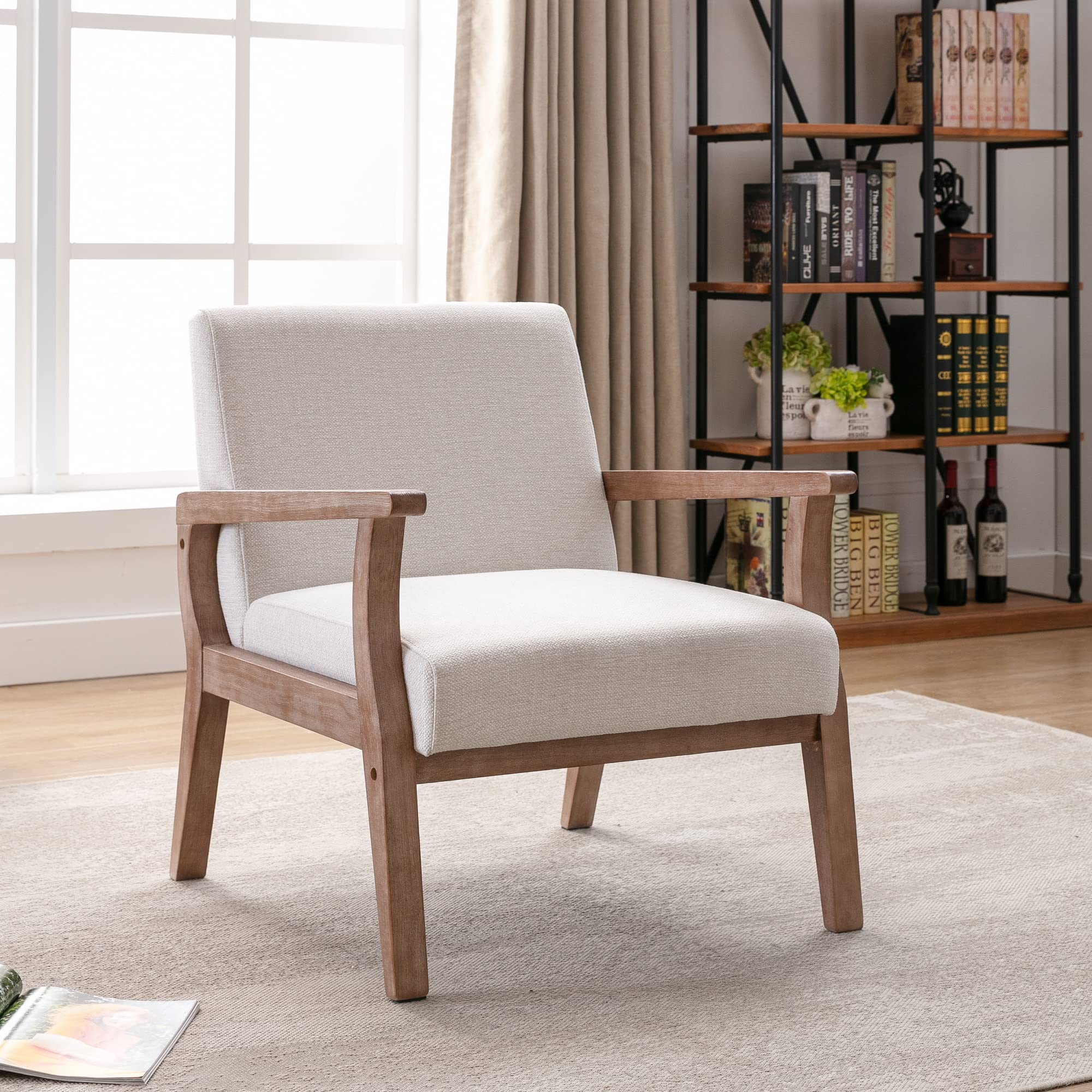 BESTANO Mid Century Modern Accent Chair, Linen Upholstered Living Room Accent Armchair with Wood Frame, Farmhouse Chair Indoor Corner Chair for Living Room Bedroom, Ivory