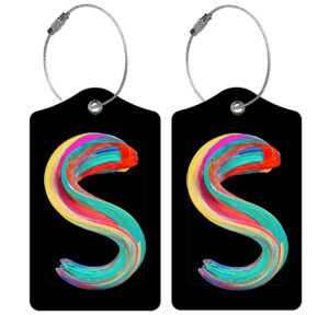 2 pack initial luggage tag for suitcase, colored letter unique leather bag tags identifiers privacy cover id label with durable steel loop for women men kids girls travel, letter s