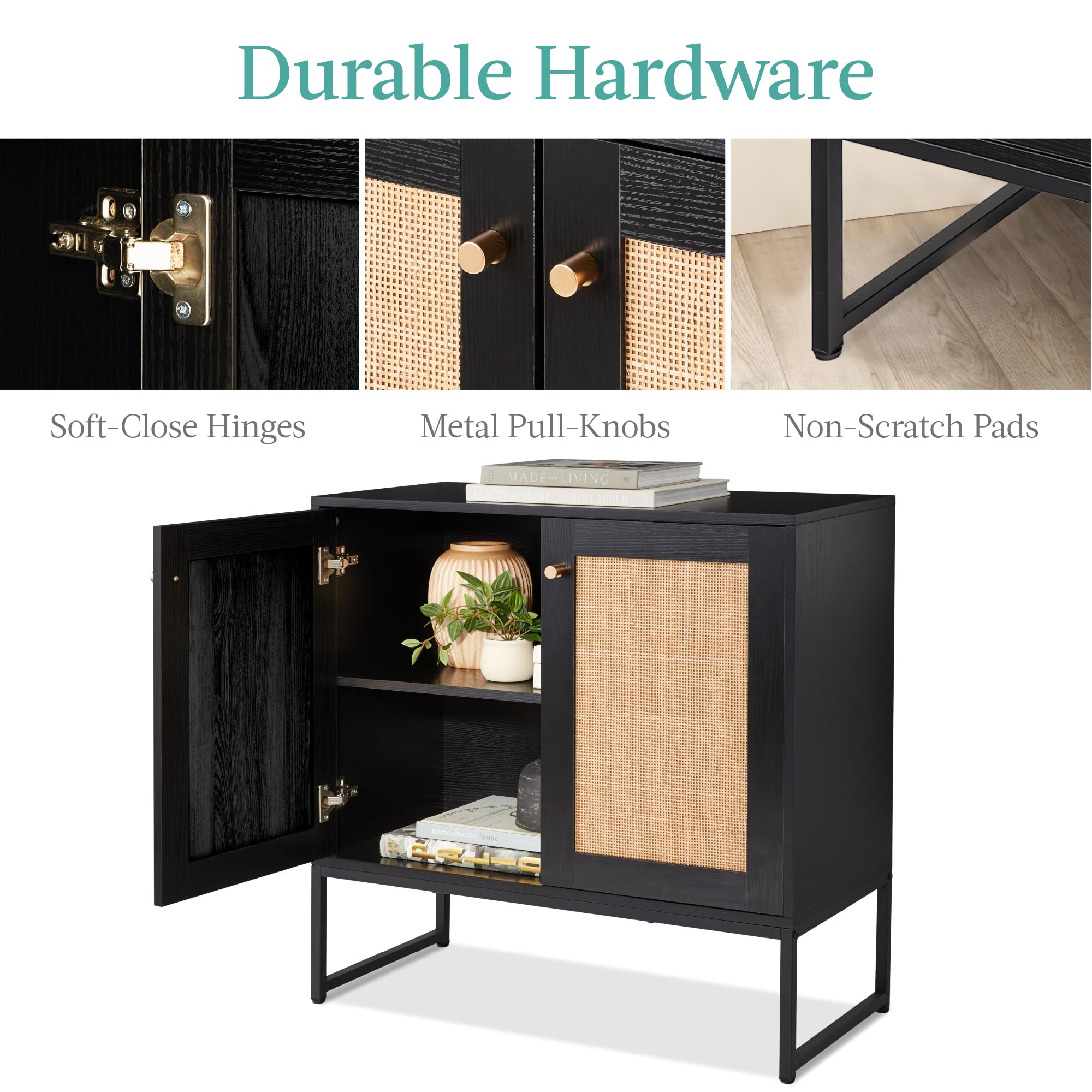 Best Choice Products 2-Door Rattan Storage Cabinet, Accent Furniture, Multifunctional Cupboard for Living Room, Hallway, Kitchen, Sideboard, Buffet Table w/Non-Scratch Foot Pads - Black