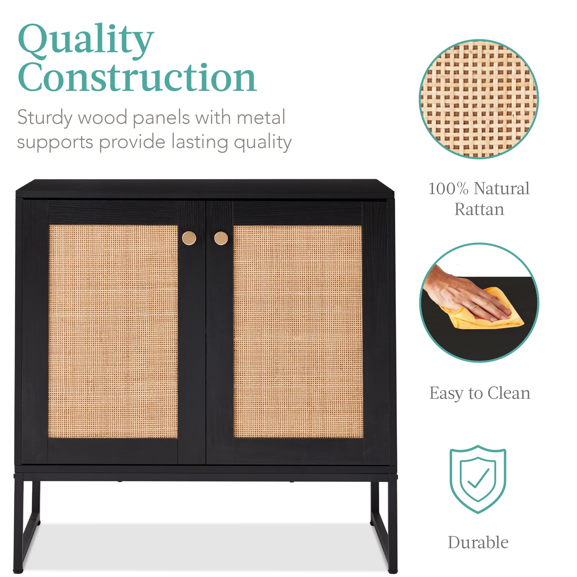 Best Choice Products 2-Door Rattan Storage Cabinet, Accent Furniture, Multifunctional Cupboard for Living Room, Hallway, Kitchen, Sideboard, Buffet Table w/Non-Scratch Foot Pads - Black