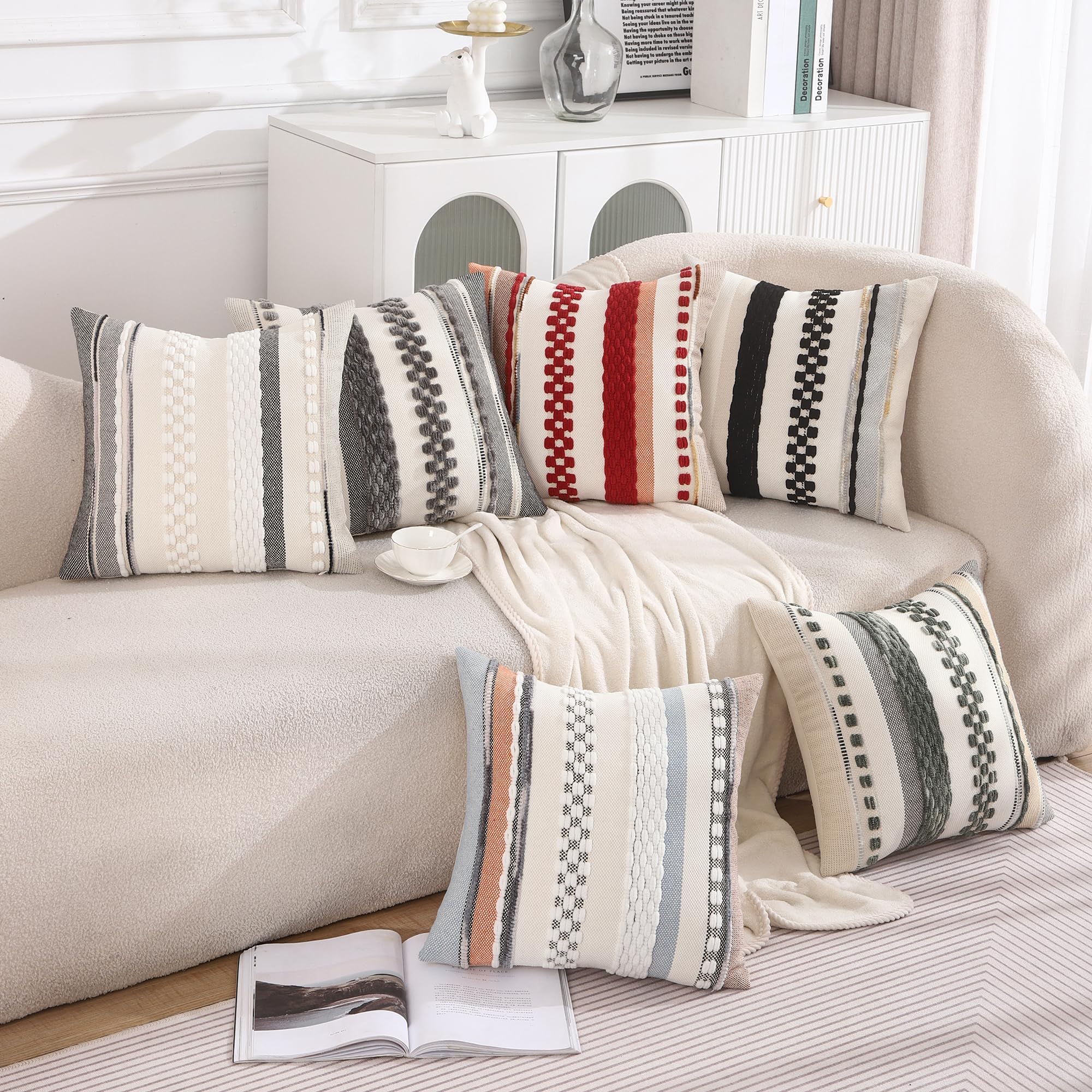 Tosleo Boho Pillow Covers 18x18 Inch Set of 2 Gray Striped Chenille Throw Pillow Covers Square Decorative Pillowcases for Sofa Couch Bed Living Room Farmhouse Decor