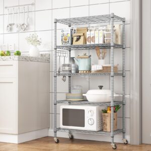 Homdox 5 Tier Adjustable Rolling Storage Shelves, Heavy Duty Wire Storage Racks and Shelving, Metal Shelves for Storage with Side Hooks for Pantry Closet Kitchen Garage Organization, Silver Gray