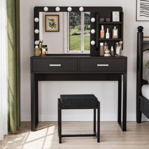 semiocthome vanity desk with mirror and 10 led lights, 39.4"w makeup desk with 2 big drawers and side shelves for storage, girl's dressing table with metal frame, corner makeup table with chair- black