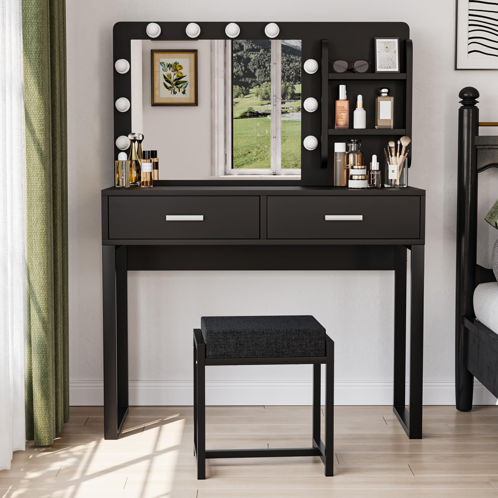 Semiocthome Vanity Desk with Mirror and 10 LED Lights, 39.4"W Makeup Desk with 2 Big Drawers and Side Shelves for Storage, Girl's Dressing Table with Metal Frame, Corner Makeup Table with Chair- Black