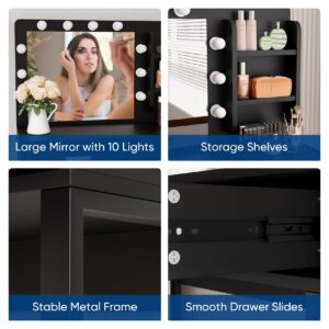 Semiocthome Vanity Desk with Mirror and 10 LED Lights, 39.4"W Makeup Desk with 2 Big Drawers and Side Shelves for Storage, Girl's Dressing Table with Metal Frame, Corner Makeup Table with Chair- Black