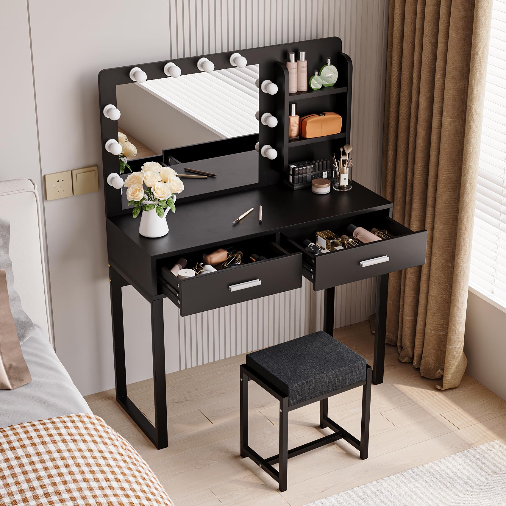 Semiocthome Vanity Desk with Mirror and 10 LED Lights, 39.4"W Makeup Desk with 2 Big Drawers and Side Shelves for Storage, Girl's Dressing Table with Metal Frame, Corner Makeup Table with Chair- Black