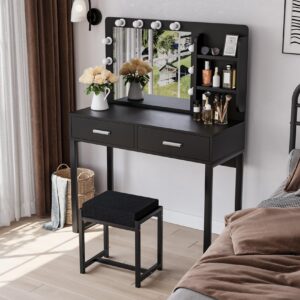 Semiocthome Vanity Desk with Mirror and 10 LED Lights, 39.4"W Makeup Desk with 2 Big Drawers and Side Shelves for Storage, Girl's Dressing Table with Metal Frame, Corner Makeup Table with Chair- Black