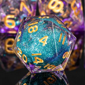 kerwellsi liquid core d&d dice set, 7 piece sharp edge resin dnd dice set, polyhedral dungeons and dragons dice with gift box, purple rpg role playing d and d dice d20 d12 d10 d8 d6 d4