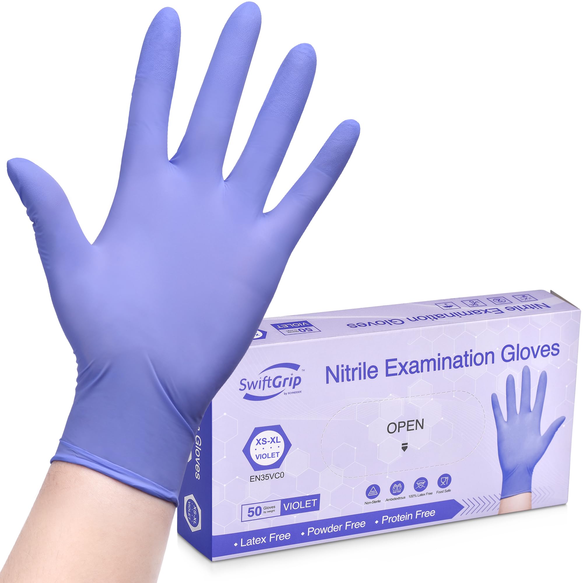 SwiftGrip Disposable Nitrile Exam Gloves, 3-mil, Large, Box of 50, Violet Nitrile Gloves Disposable Latex Free for Medical, Cleaning, Cooking & Esthetician, Food-Safe, Powder-Free, Non-Sterile, Purple