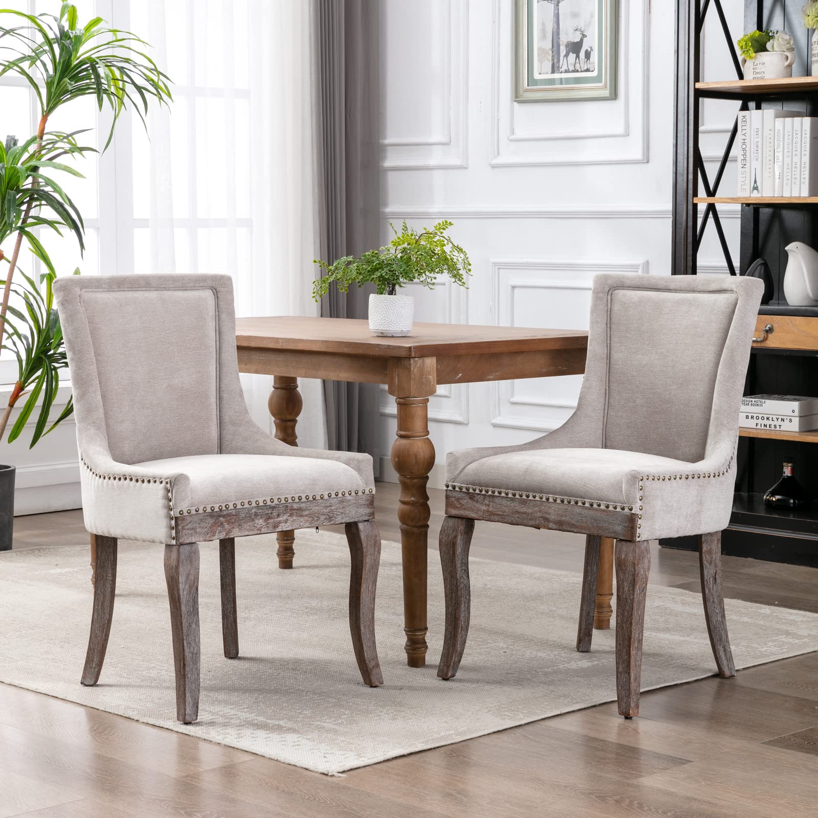 Merax Ultra Dining Chairs Set of 2,Swoop Arm,Curved Back Upholstery Design,Thickened Fabric Chairs with Solid Wood Legs and Bronze Nail Head,High Desnity Foam Seat Kitchen Furniture,Beige