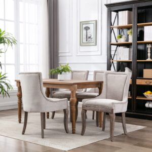 Merax Ultra Dining Chairs Set of 2,Swoop Arm,Curved Back Upholstery Design,Thickened Fabric Chairs with Solid Wood Legs and Bronze Nail Head,High Desnity Foam Seat Kitchen Furniture,Beige