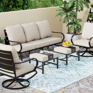 PHI VILLA 5 PCS Patio Furniture Sets with 1 x 3 Seater 5.75" Cushioned Deep Seating Bench, 2 x Swivel Sofa Chairs & 2 x Metal Cushioned Ottoman, Outdoor Furniture Deluxe Patio Set for Garden