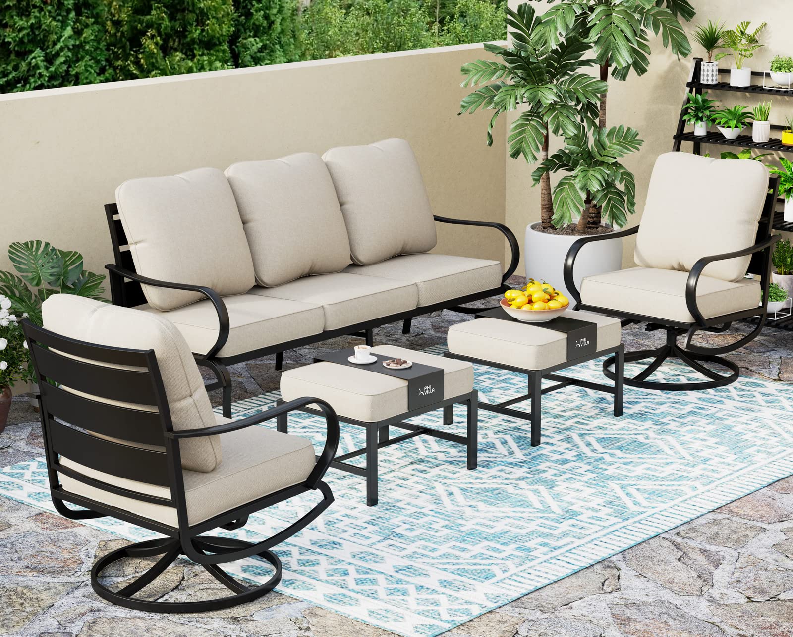 PHI VILLA 5 PCS Patio Furniture Sets with 1 x 3 Seater 5.75" Cushioned Deep Seating Bench, 2 x Swivel Sofa Chairs & 2 x Metal Cushioned Ottoman, Outdoor Furniture Deluxe Patio Set for Garden